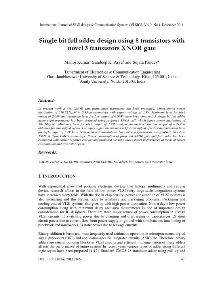 Single Bit Full Adder Design Using 8 Transistors With Novel 3 ...