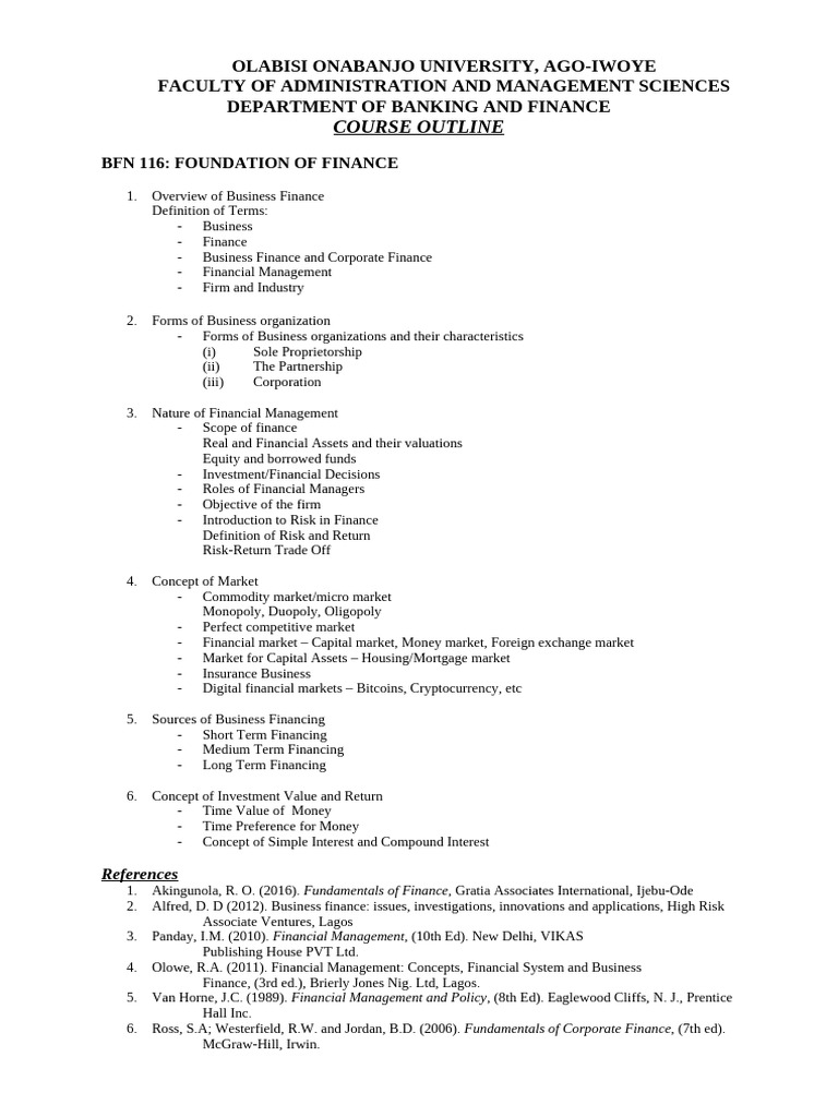 BFN 116 (Foundation of Finance) - Course Outline | PDF | Financial ...