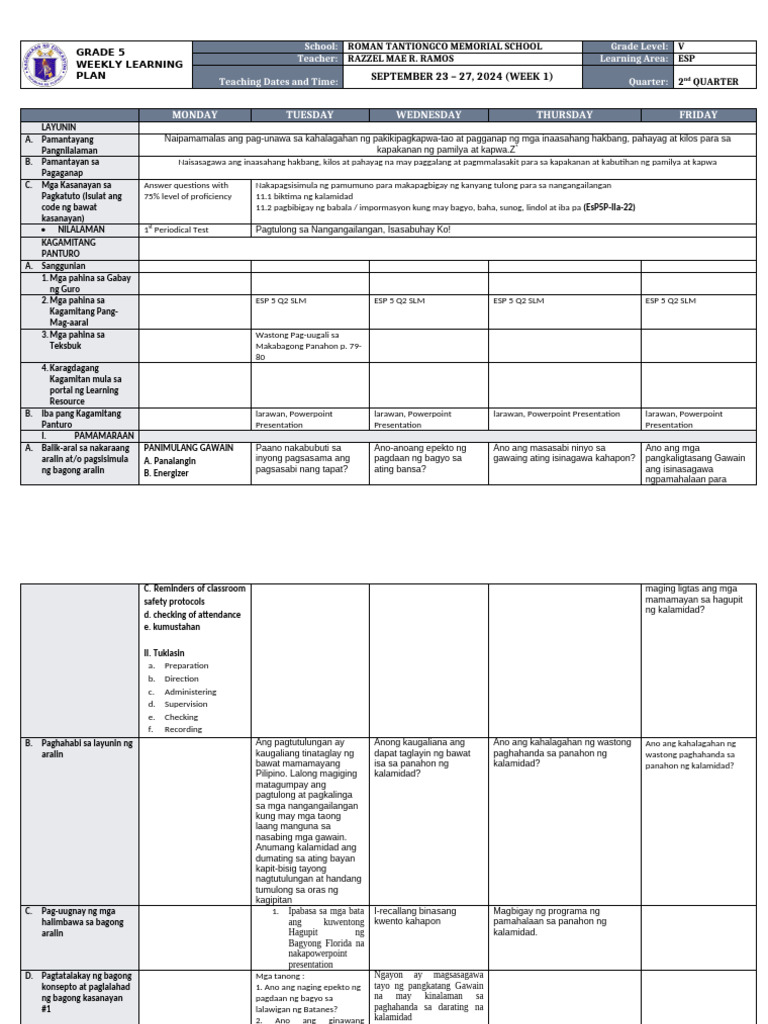 WLP (Grade 5-Sapphire) - Q2 - Week 1 - (September 23 - 27, 2024) - Exam | PDF