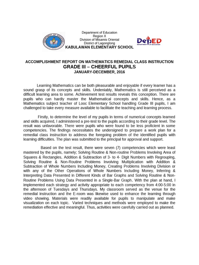 Accomplishment Report On Remedial Classes Mapet | PDF | Reading ...