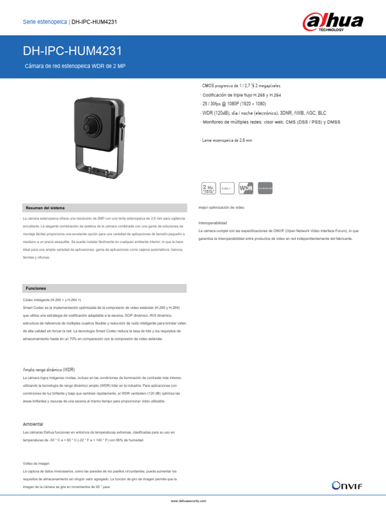Dahua IPC HUM4231 CAMARA IP PINHOLE FICHA TECNICA ESPAÑOL | PDF | Vídeo | Píxel