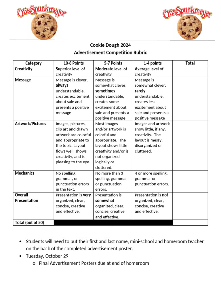 Cookie Dough Sale 2024 Advertisment Rubric | PDF | Writing ...