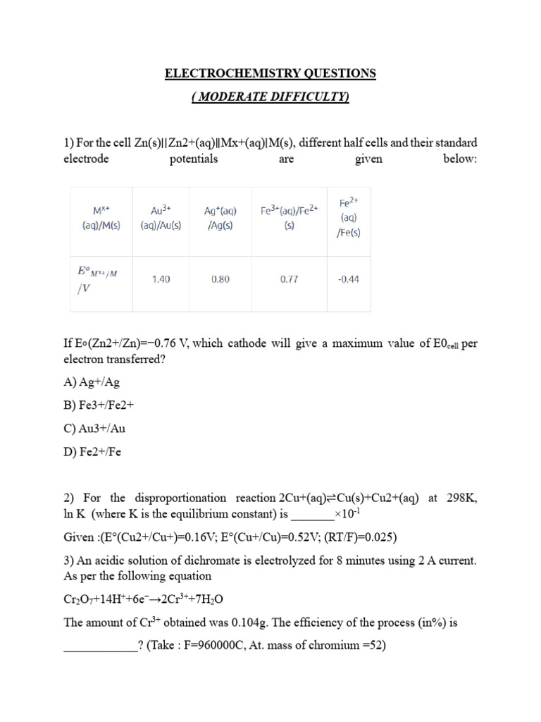 Electrochemistry Question Sheet | PDF | Electrochemistry | Physical ...
