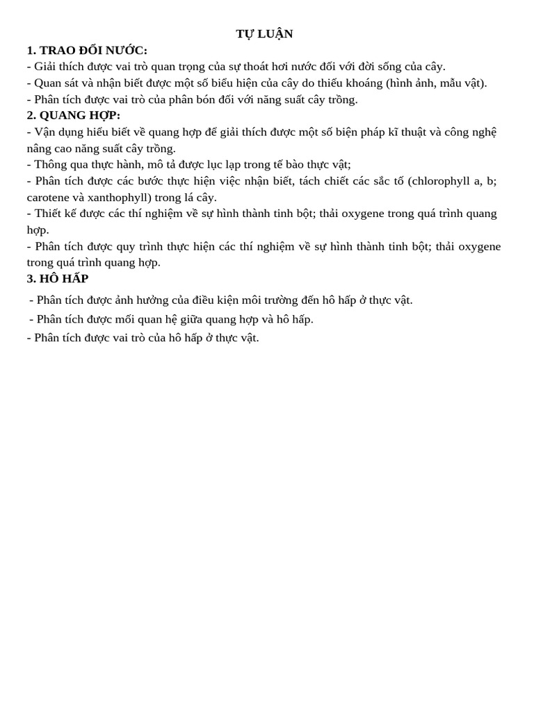 ĐỀ CƯƠNG TỰ LUẬN GKI SINH 11 | PDF