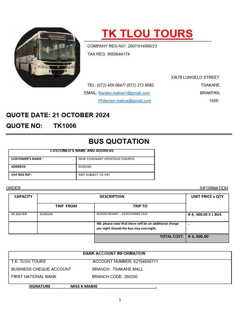 TK Tlou Tours Quotation | PDF | Bus