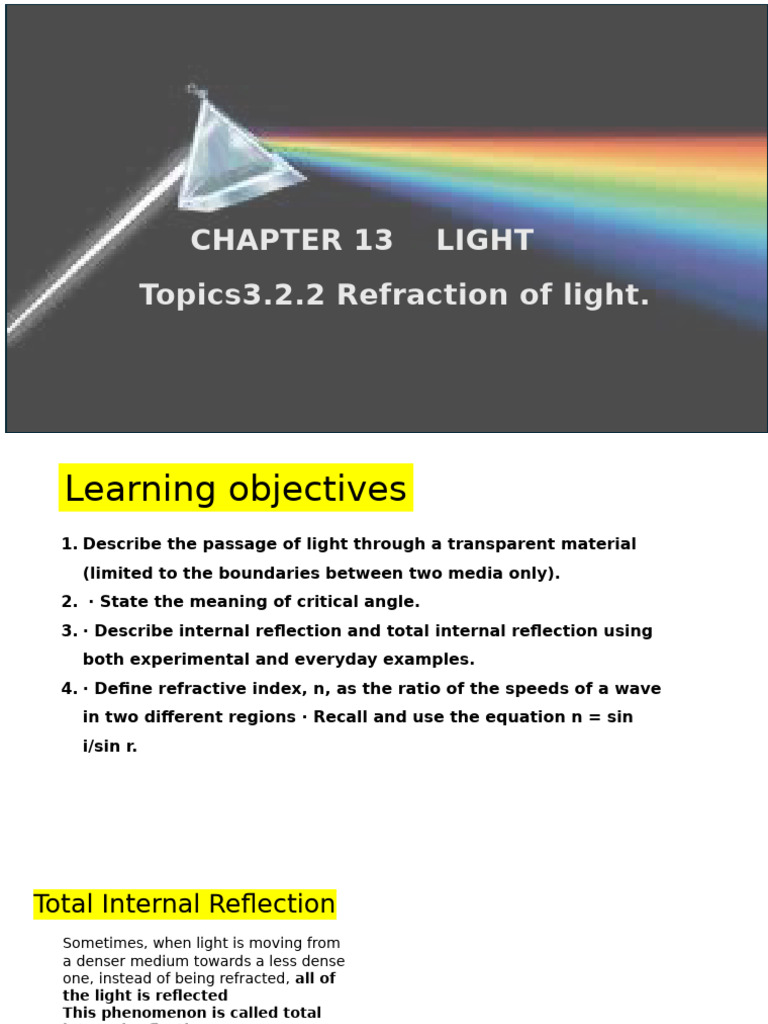Total Internal Reflection | PDF | Refraction | Refractive Index