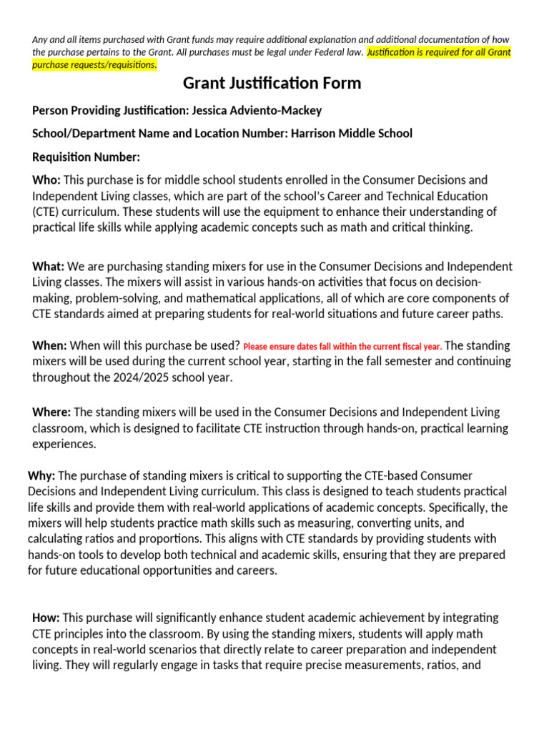 Justification Form - Standing Mixers | PDF | Vocational Education ...