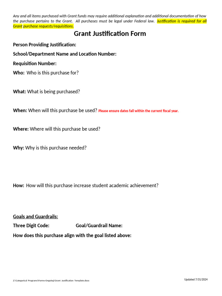 Grant Justification Template - Goals - Guardrails | PDF