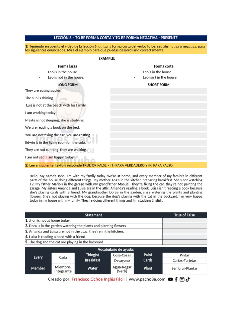 LECCIÓN 6 - TO BE FORMA CORTA Y TO BE FORMA NEGATIVA PRESENTE | PDF