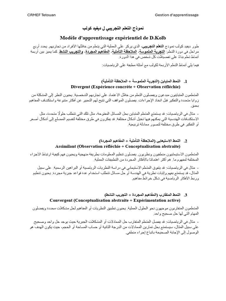Modèle d'apprentissage expérientiel de D.Kolb | PDF
