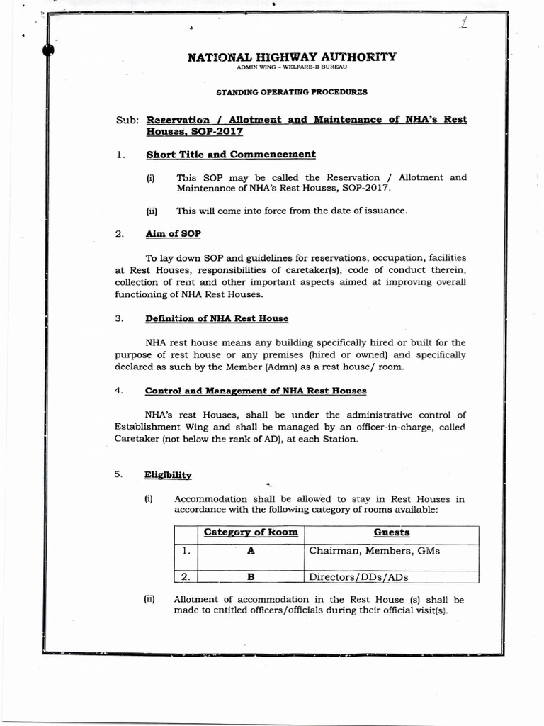 SOP For Allotment and Maintenance of NHA Rest Houses | PDF