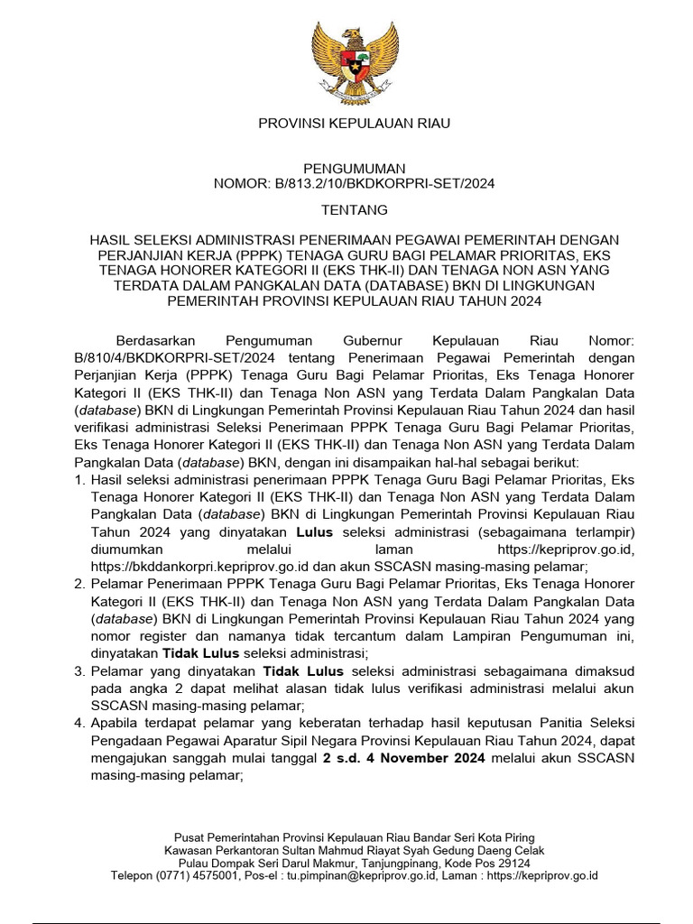 Pengumuman Hasil Seleksi Adm PPPK Tenaga Guru | PDF Pengumuman Hasil Seleksi Adm PPPK Tenaga Guru | PDF