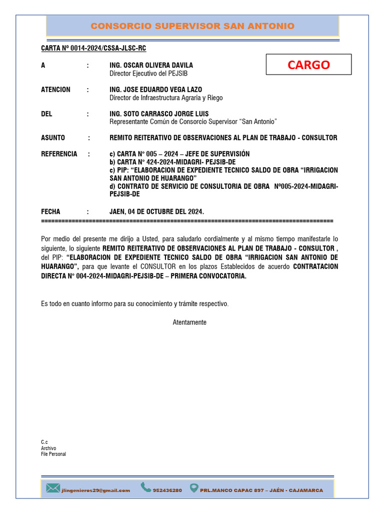 Carta #0014-Levantamiento de Obs - Supervisor | PDF