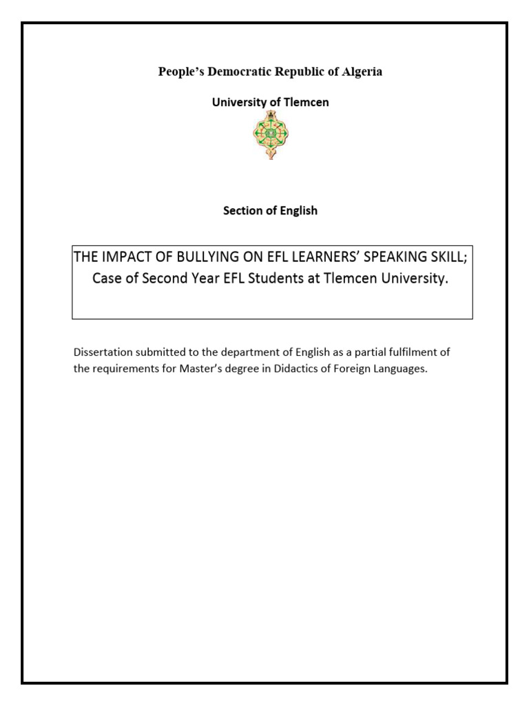 The Impact of Bullying On Efl Learners' Speaking Skill Case of Second ...