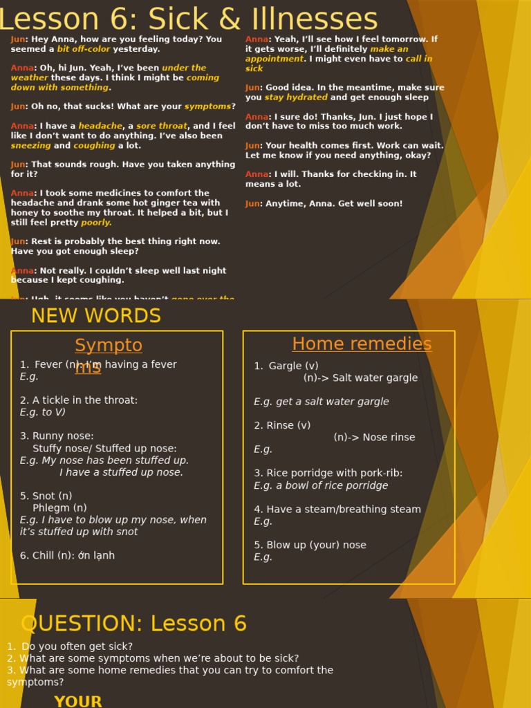 Lesson 6 Sick and Illnesses | PDF | Diseases And Disorders
