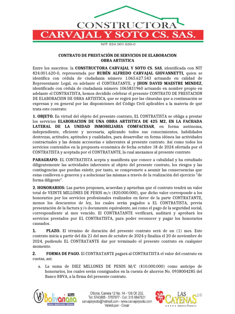 Contrato Obra Artística Comfacesar | PDF | Daños y perjuicios | Contabilidad