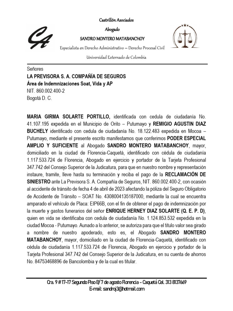 Poder - Previsora Soat - Enrique Herney Diaz Solarte | PDF | Seguro de vehículo | Documento de ...