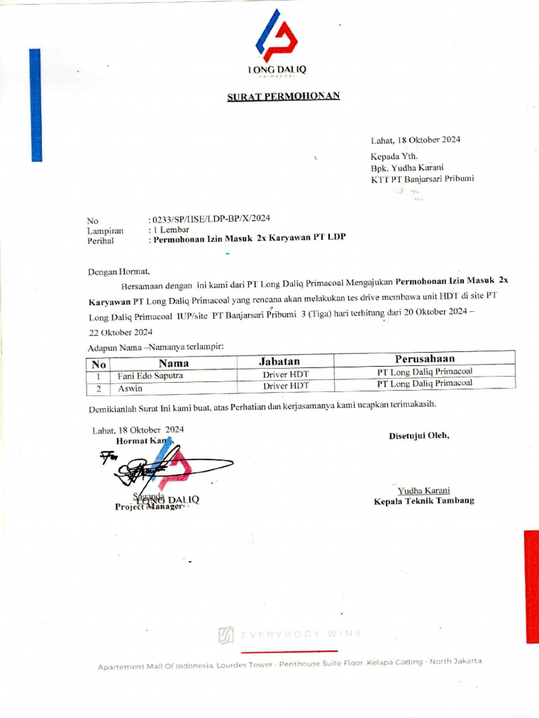 233 - Permohonan Izin Masuk 2x Karyawan PT LDP Tes Drive | PDF