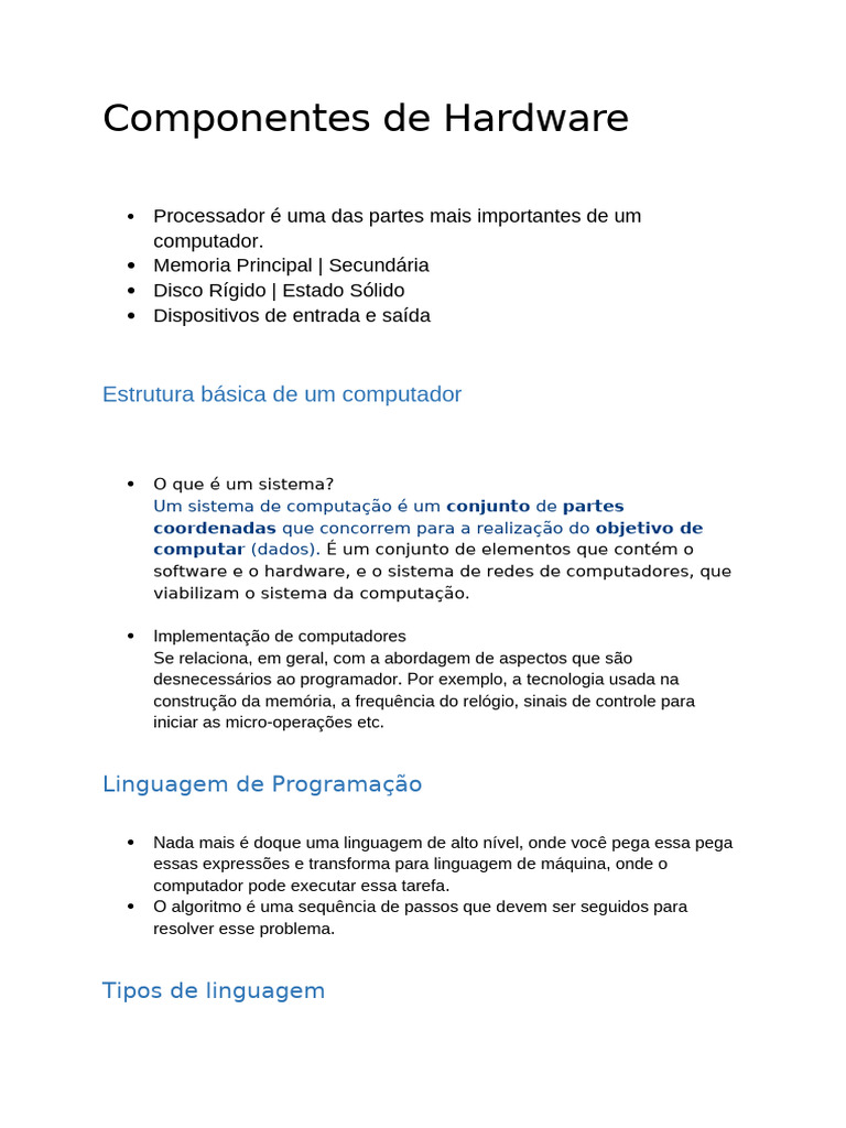 Estrutura e Componentes de Hardware | PDF | Linguagem de programação ...