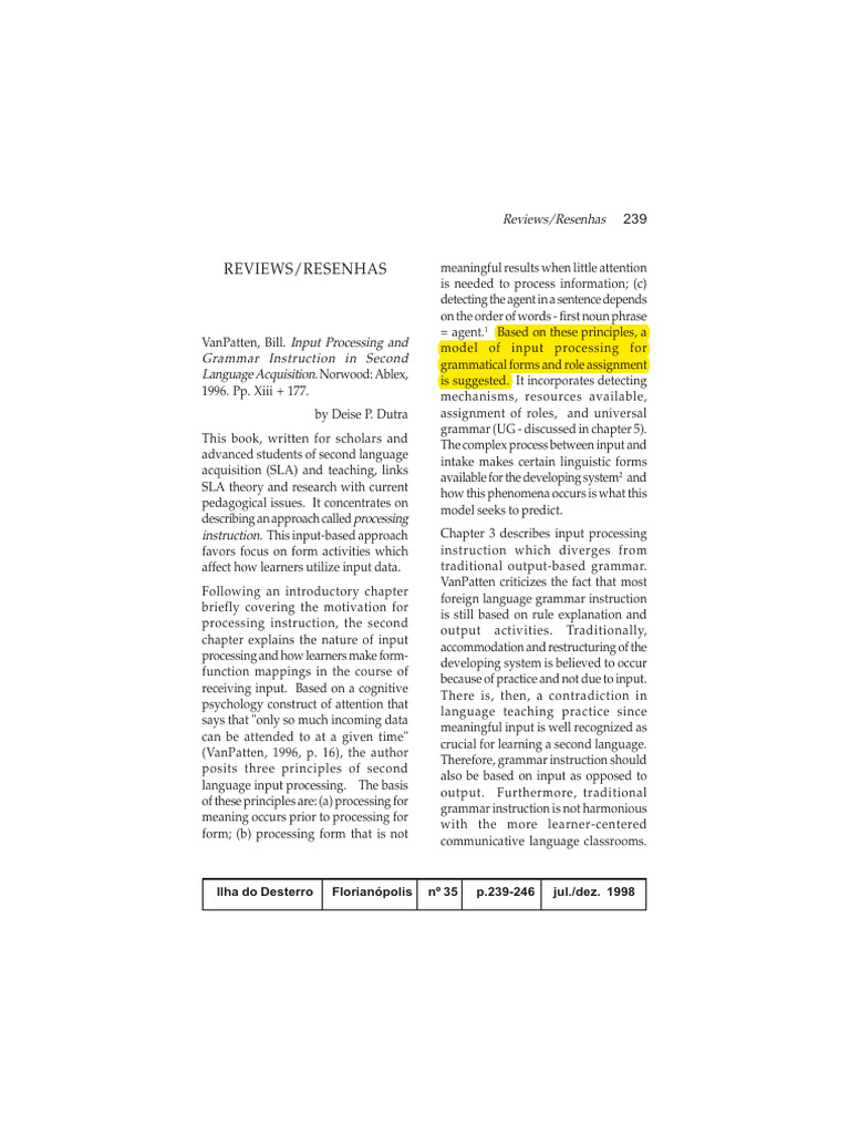 Dutra Deise 1996 Book Review VanPatten - Bill - Input - Processing ...