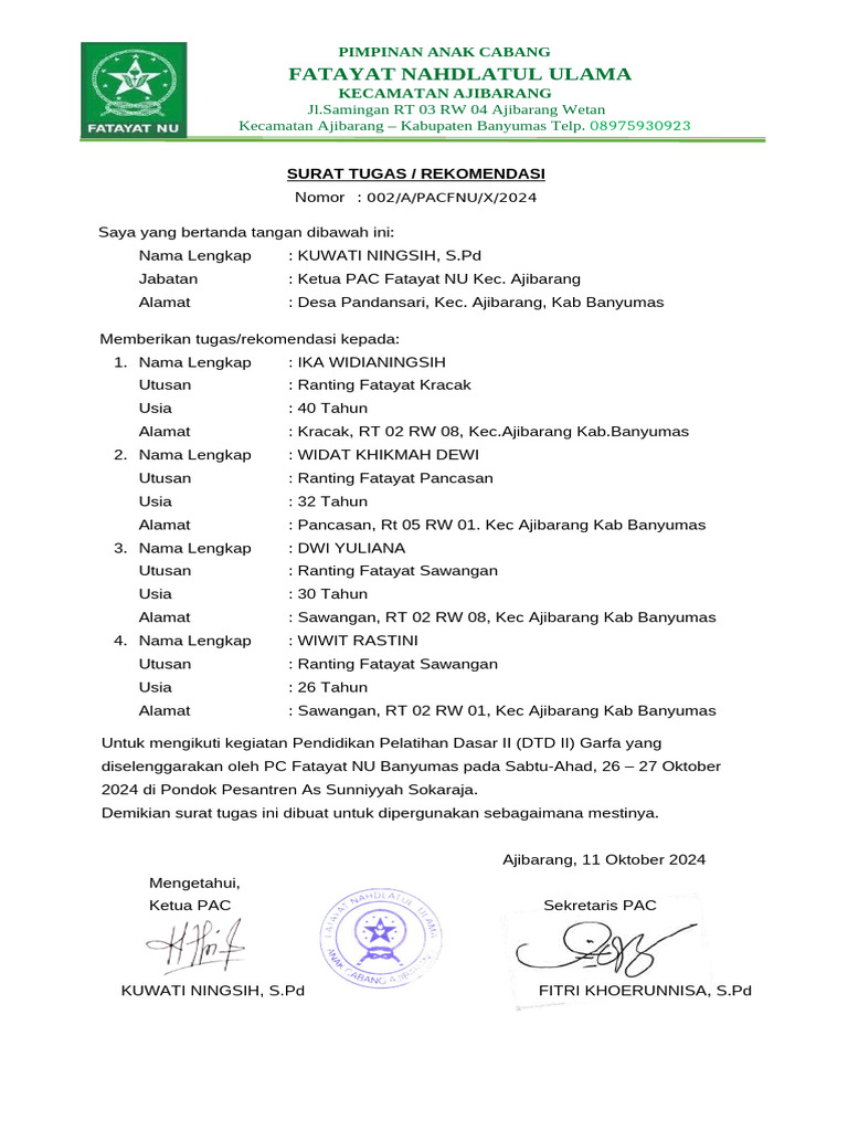 Surat Tugas DTD II Fatayat NU Ajibarang | PDF