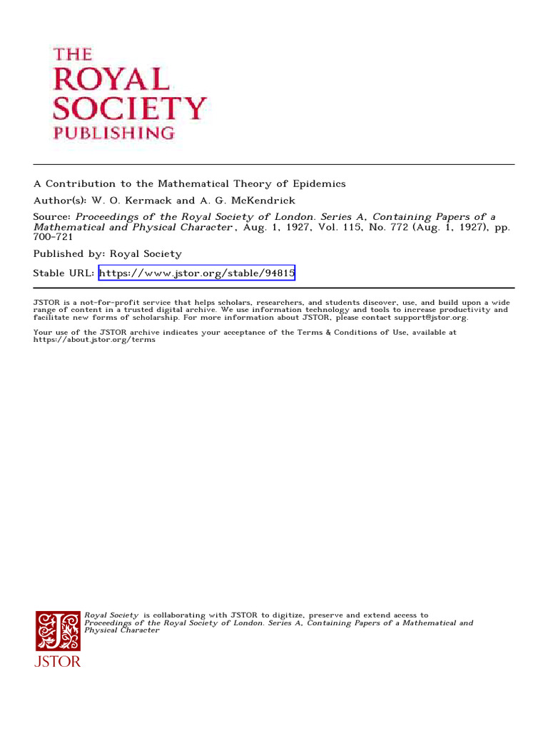 Kermack ContributionMathematicalTheory 1927 | PDF | Epidemics | Equations