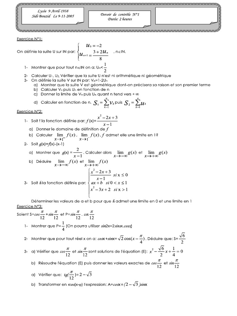 Devoir de Contrôle N°1 2005 2006 (9 Avril 1938 Sidi Bouzid) | PDF