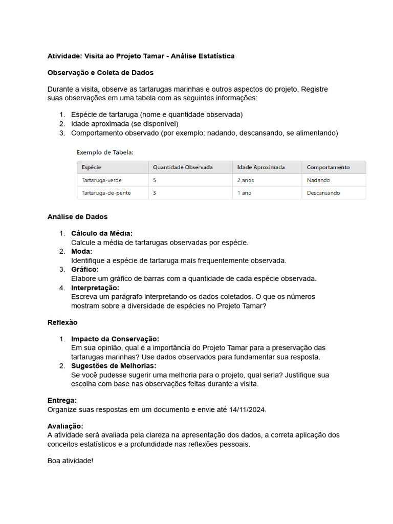 Atividade - Visita Ao Projeto Tamar - An-Lise Estat-Stica | PDF