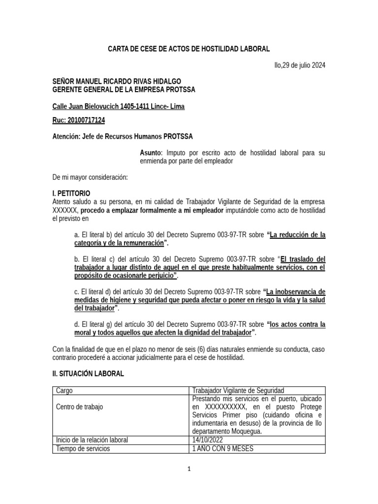 Carta Cese de Host. X6 | PDF | Derecho laboral | Documento de identidad