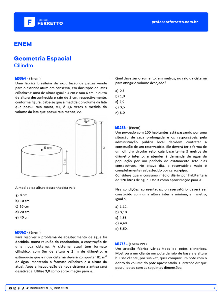 Questions Matematica Geometria-Espacial Cilindro ENEM | PDF | Chuva