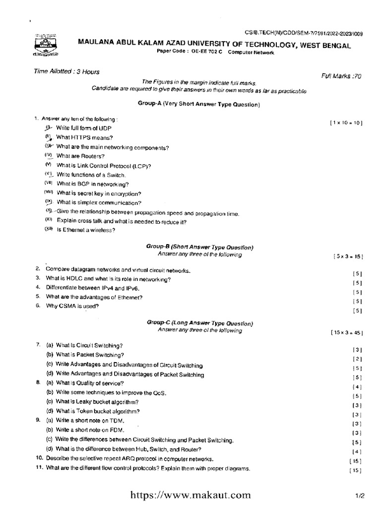 Btech Oe Ee 7 Sem Computer Network Oe Ee 702 C 2023 | PDF