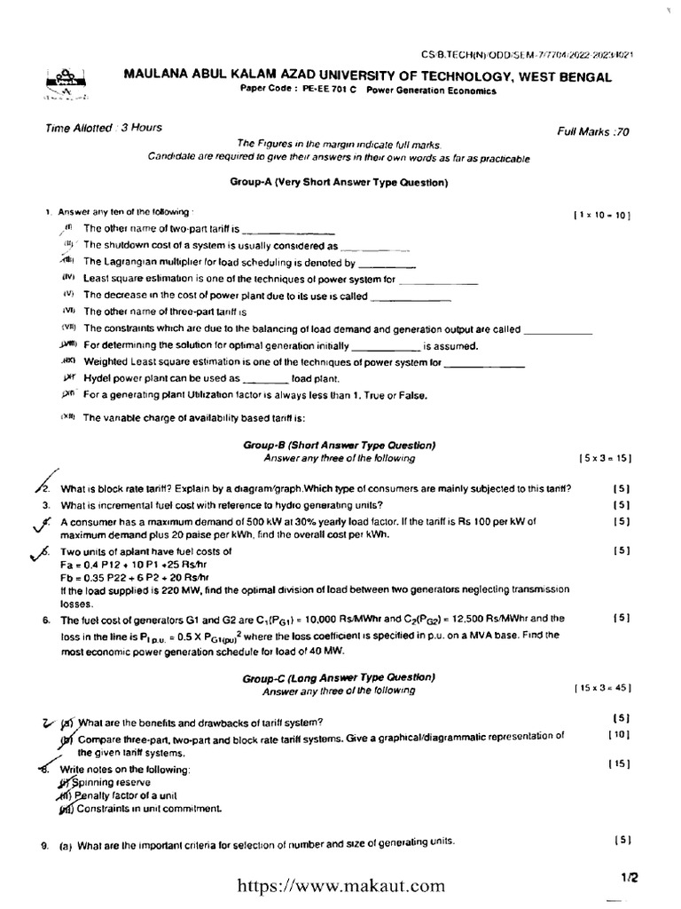 Btech Pe Ee 7 Sem Power Generation Economics Pe Ee 701 C 2023 | PDF