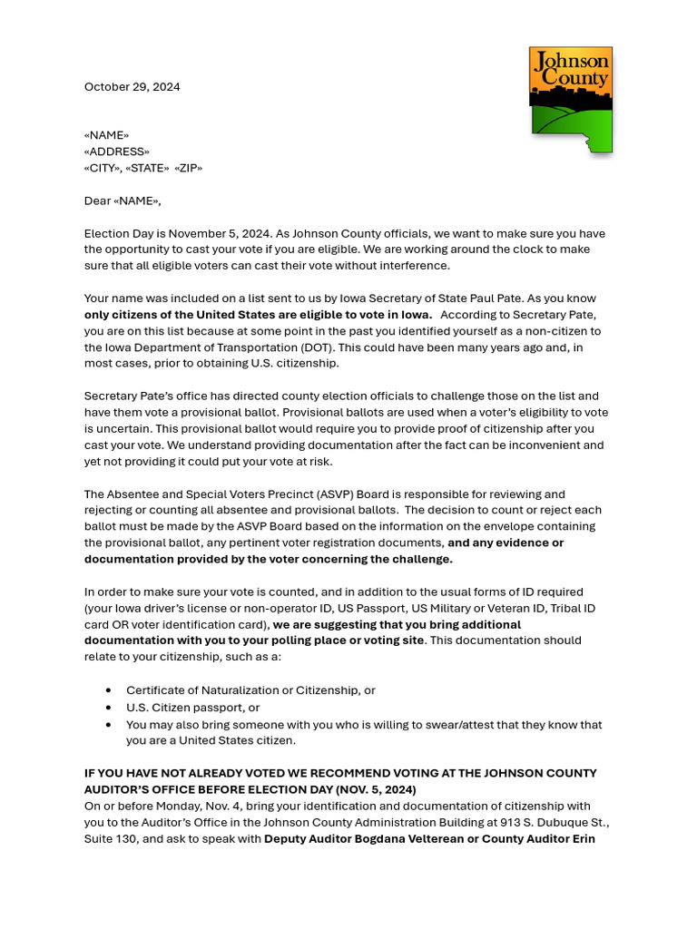 Letter To Residents Non Citizen Issue Signed - 102924 | PDF | Absentee ...