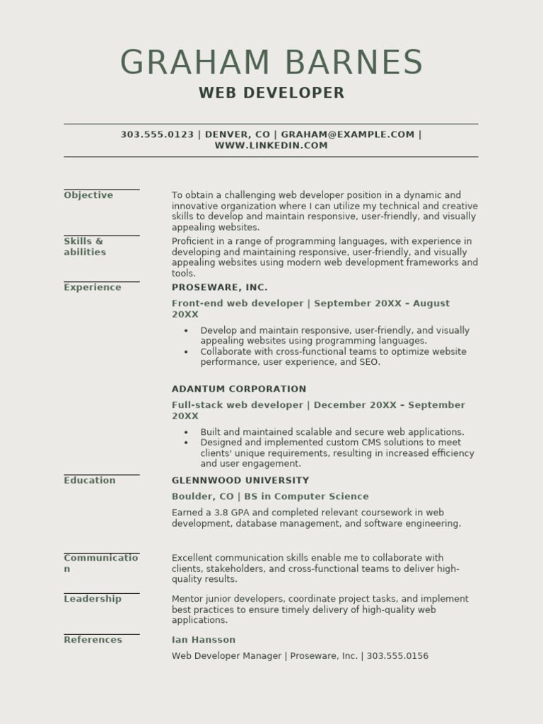 Graham Barnes: Web Developer Resume | PDF