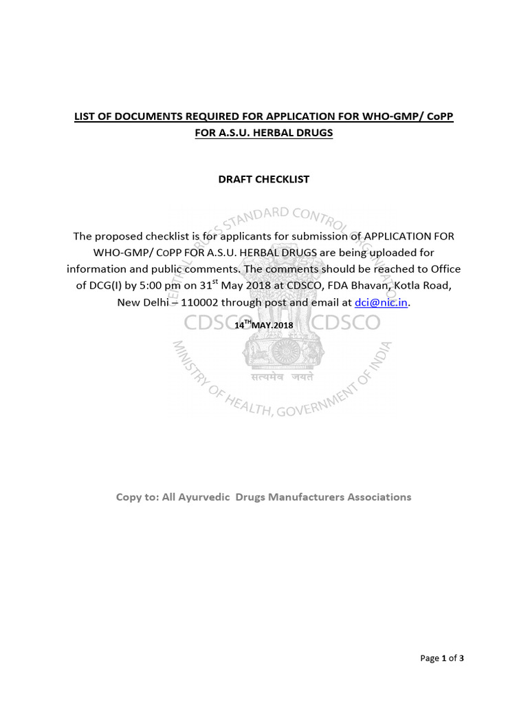 FinalChecklist For WHO GMP CoPP For ASU Herbal Drugs - 1 | PDF ...