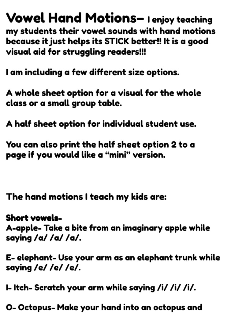 Vowel Hand Motions for Teaching | PDF