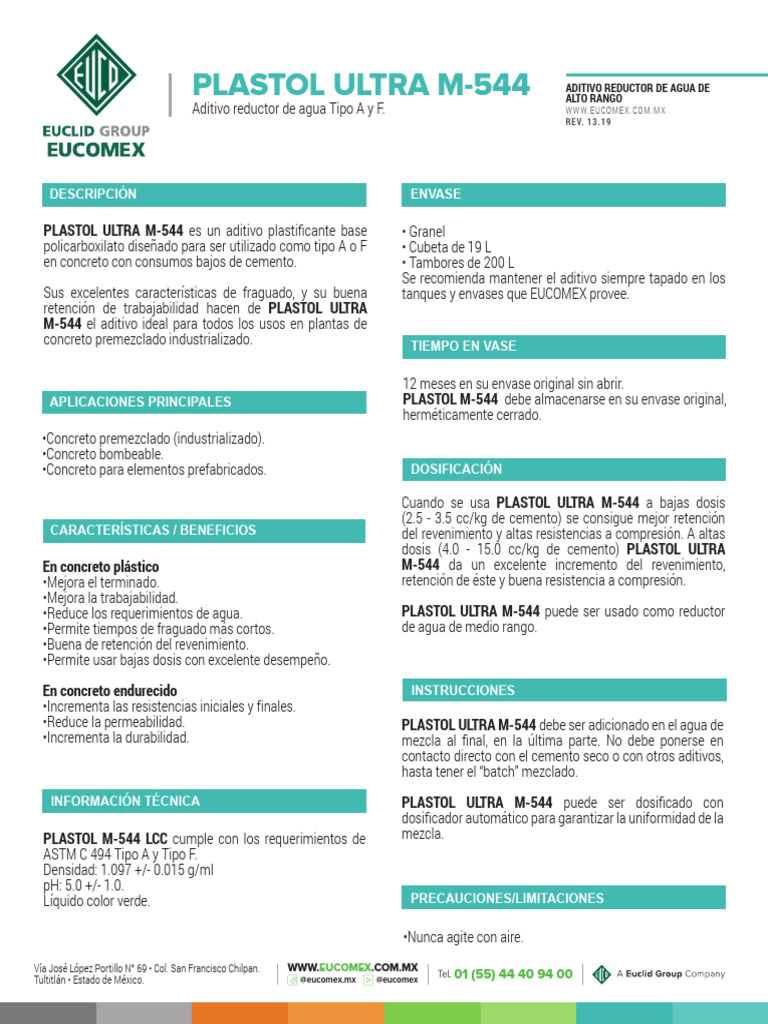 Plastol Ultra M 544 | PDF | Hormigón | Cemento