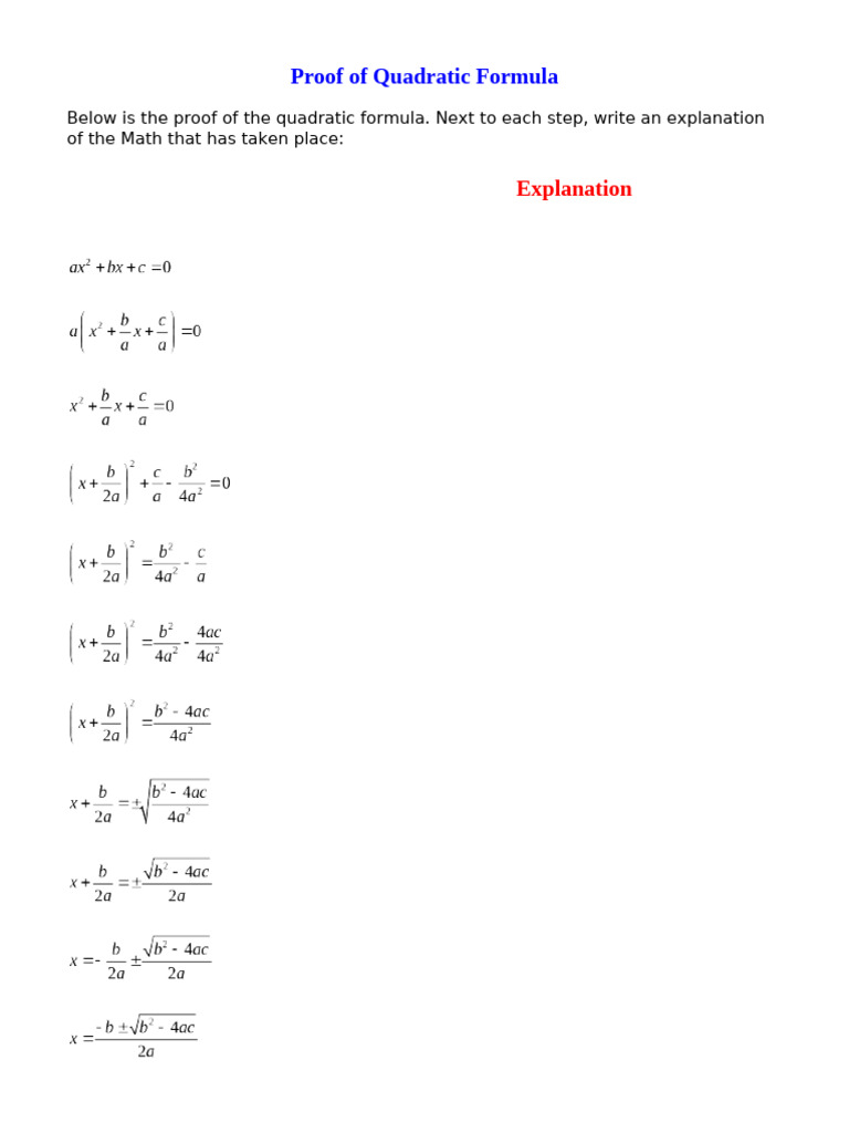 Proof Of Quadratic Formula Pdf