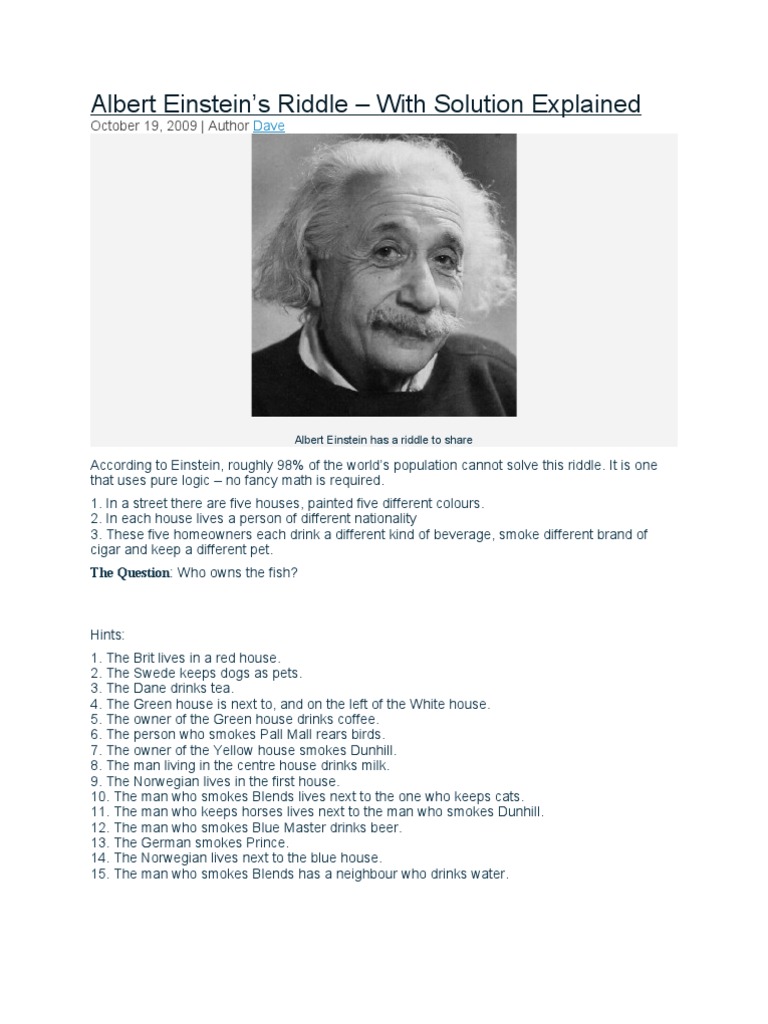 Albert Einstein's Riddle - With Solution Explained: October 19, 2009 ...
