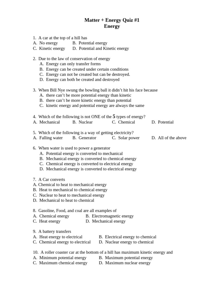 Energy Quiz | PDF | Potential Energy | Kinetic Energy