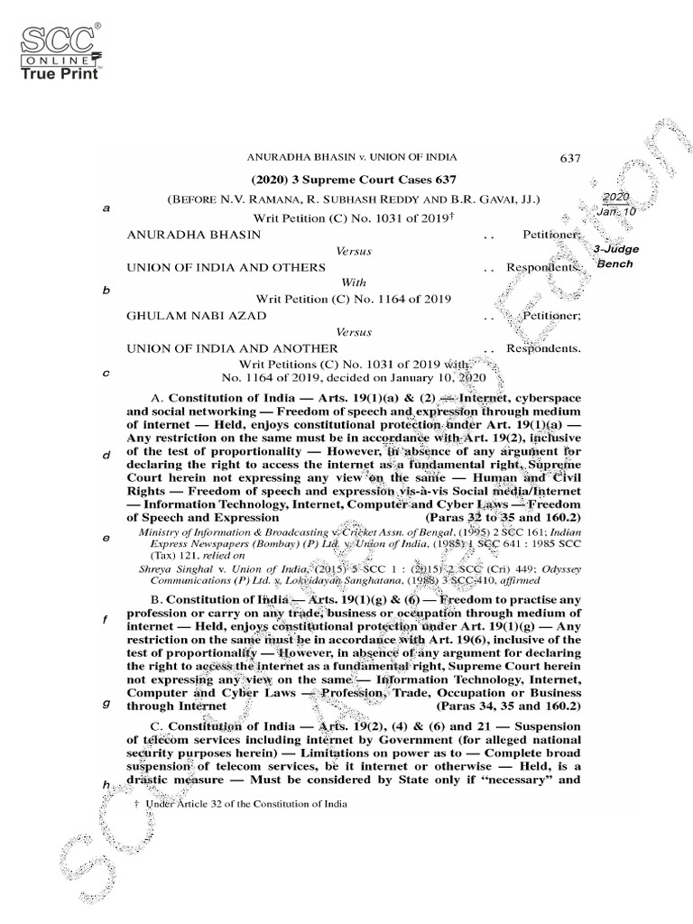 Anuradha Bhasin v. UOI 2020 | PDF | Government Related Organizations | Social Institutions