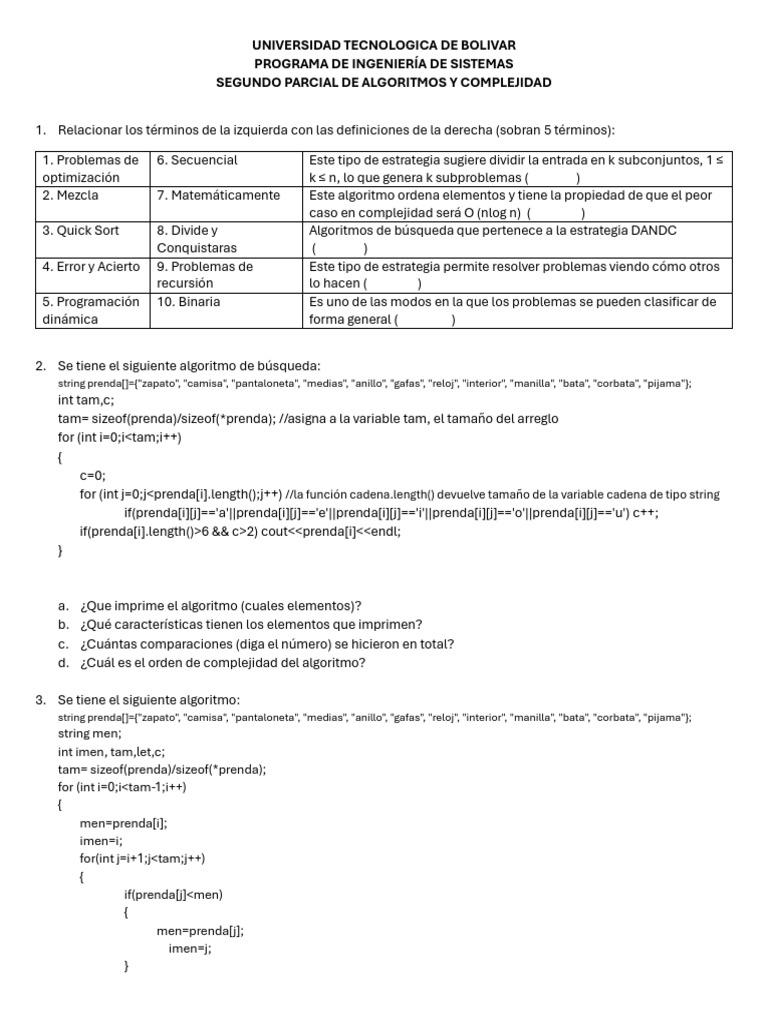 Segundo Parcial De Algoritmos Y Complejidad 2024 1 Pdf Algoritmos Informática