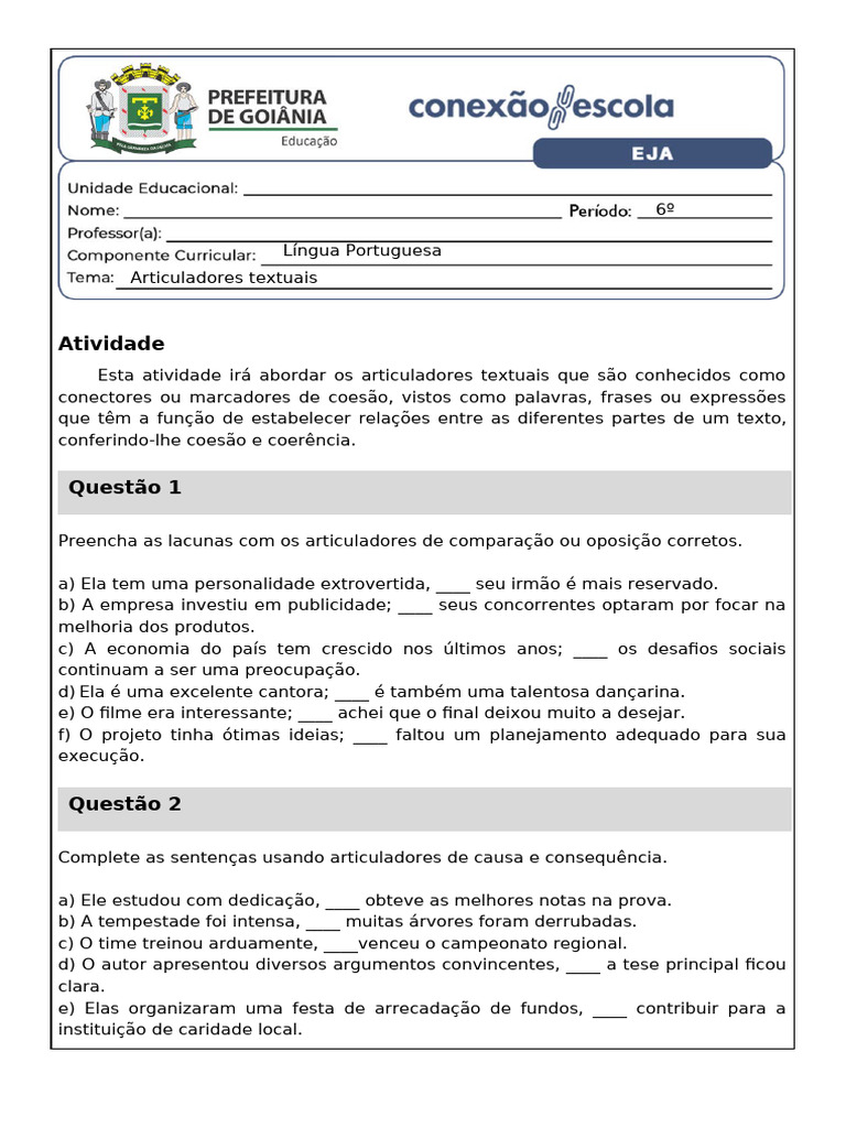Atividade - EJA - 6 Período - Articuladores Textuais | PDF
