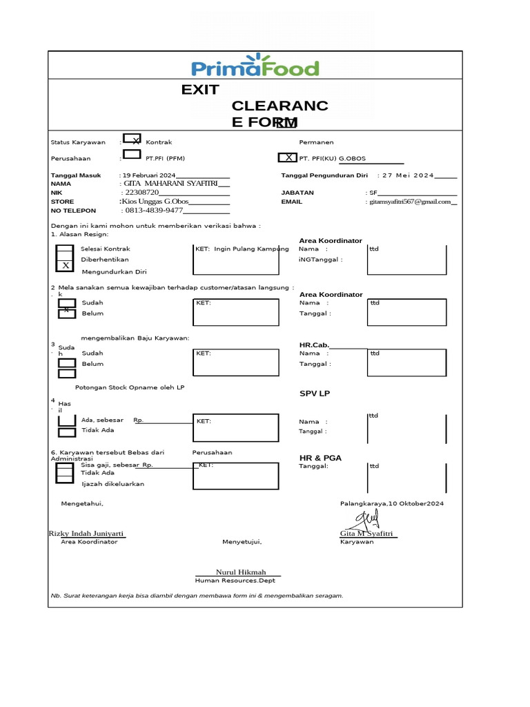 Exit Clearance Form Gita Maharani Syafitri | PDF