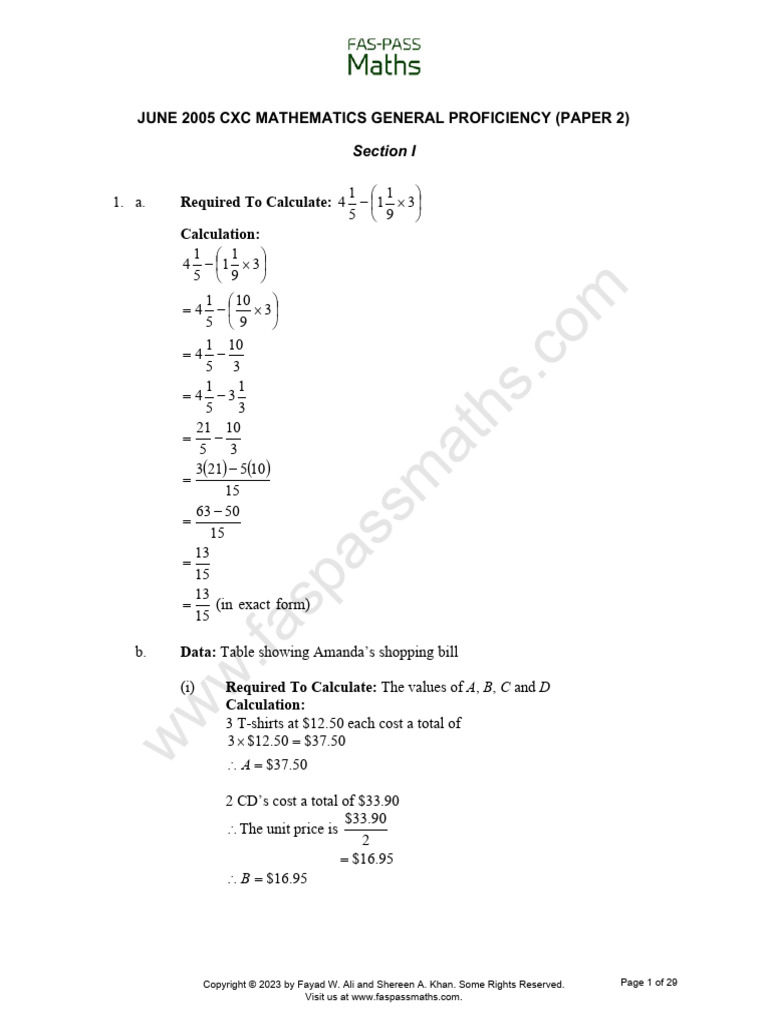 CSEC Maths 2005 June Past Paper Solutions | PDF