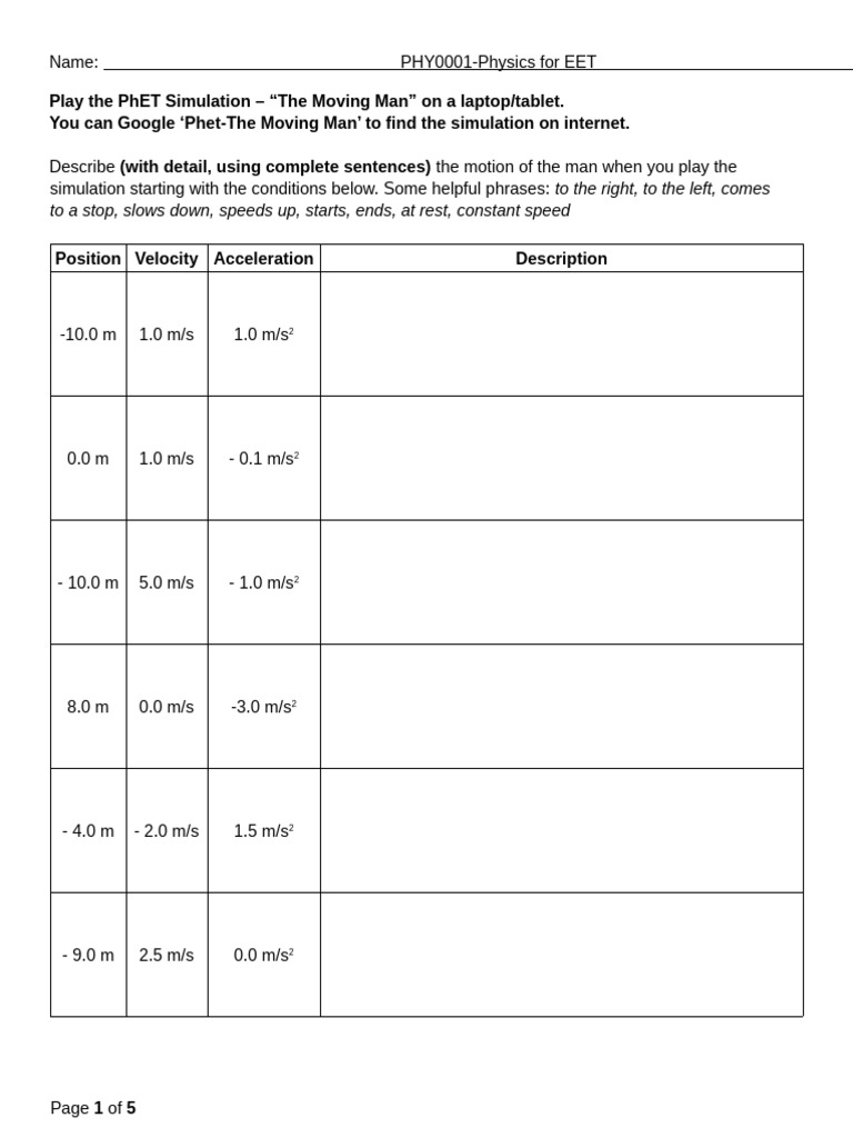 Worksheet - The Moving Man - Phet | PDF | Acceleration | Velocity