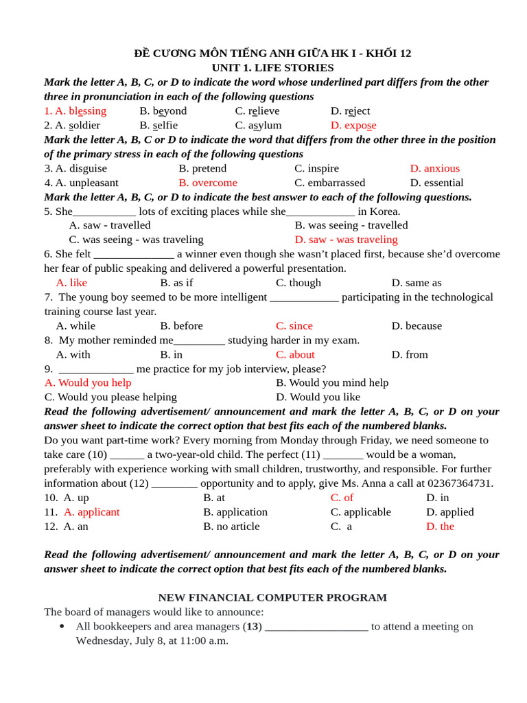 Key - G12 - Đề Cương GHK 1 - 2024 - 2025 | PDF | Adolescence