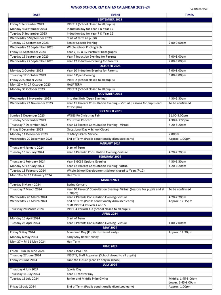 WGGS School Key Dates 2023 24 4 | PDF | Academic Term