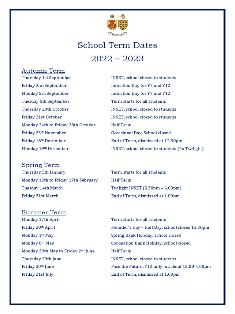 Term Dates 2022 2023 | PDF