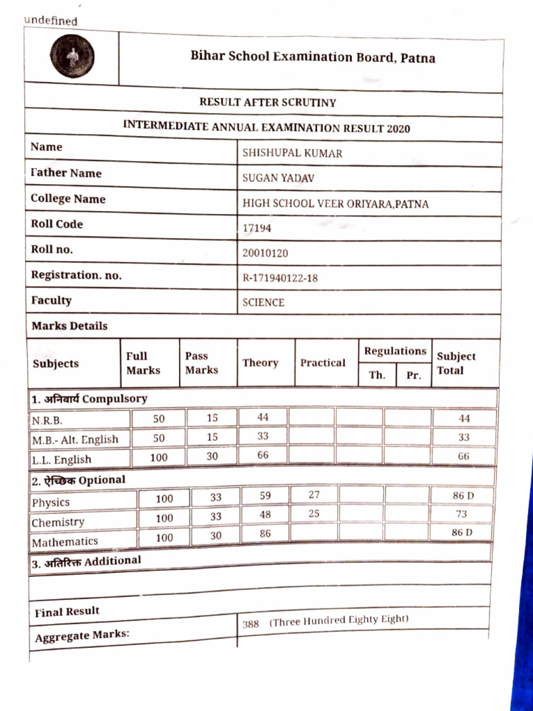 12th Marksheet | PDF